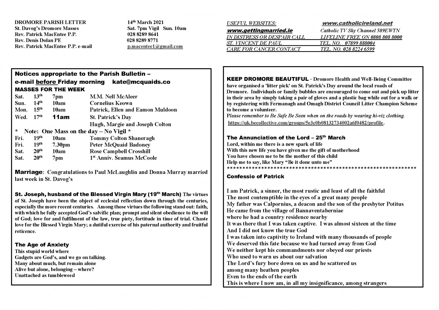 Latest Bulletins – St Davog's Parish