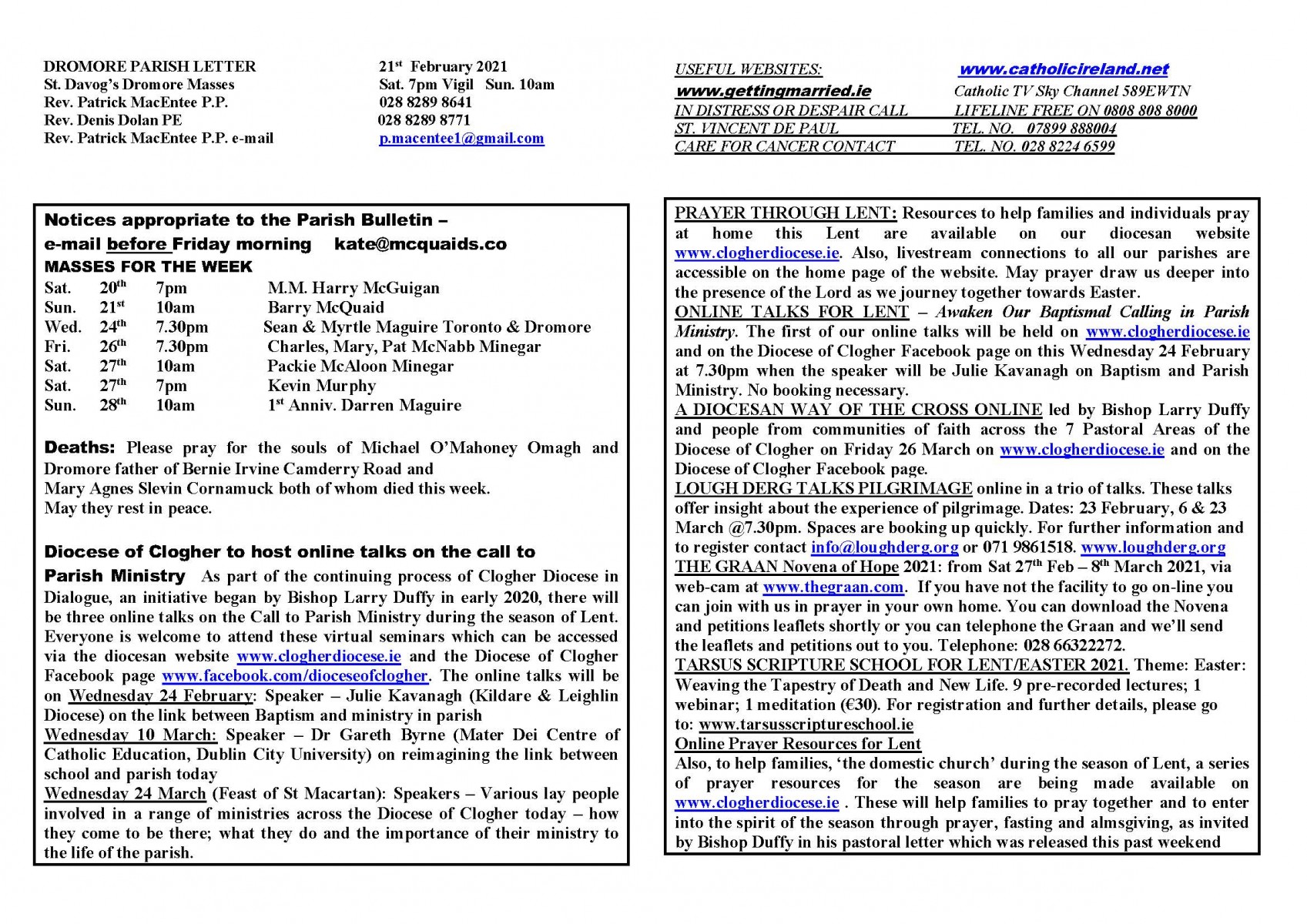 Latest Bulletins – St Davog's Parish