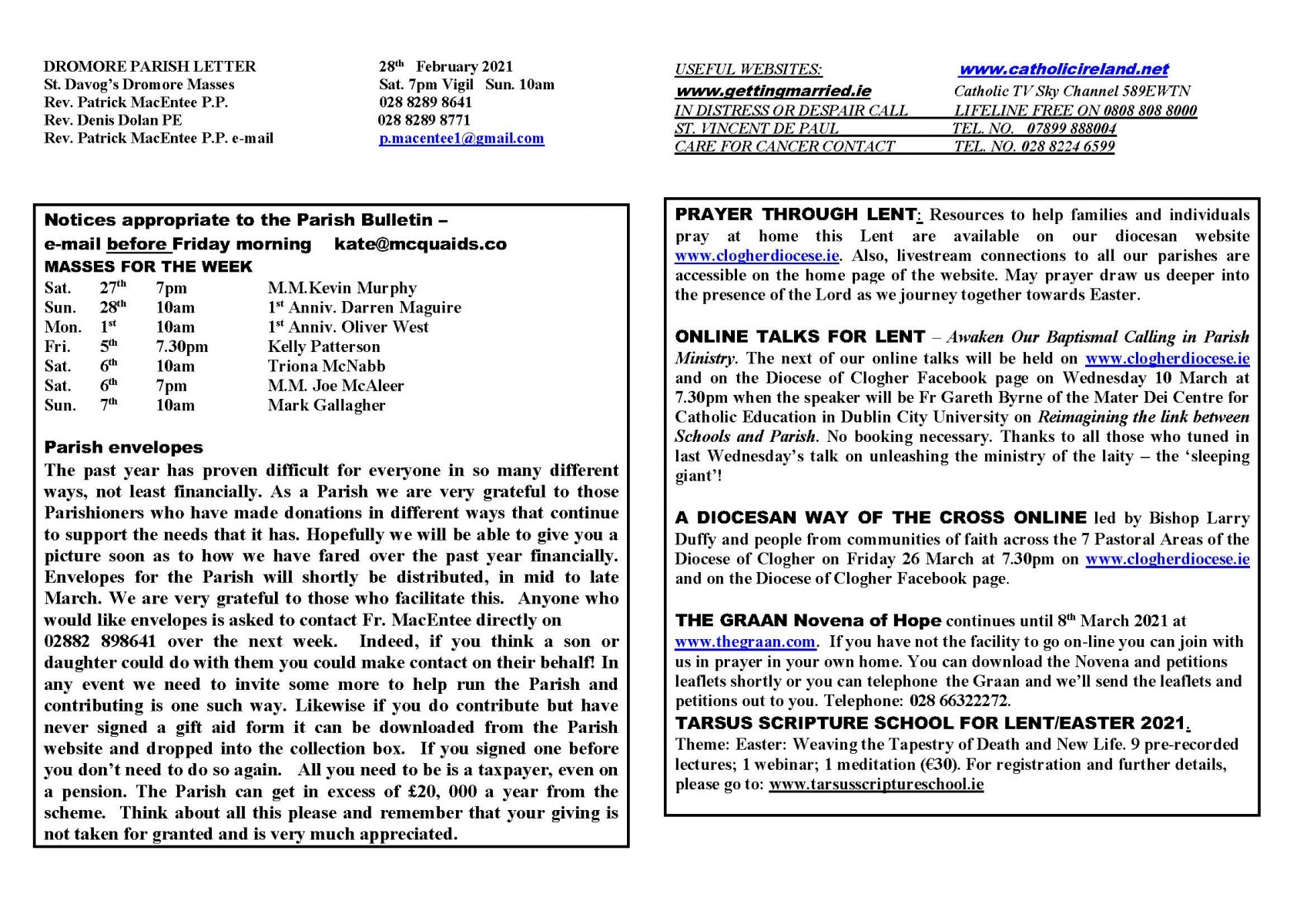 Latest Bulletins – St Davog's Parish
